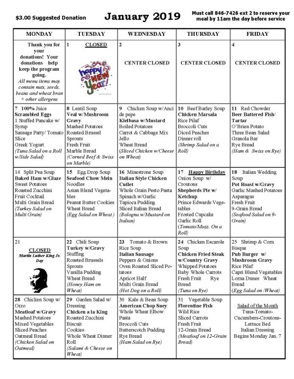 January Lunch Menu Calendar - Edward King House Senior Center