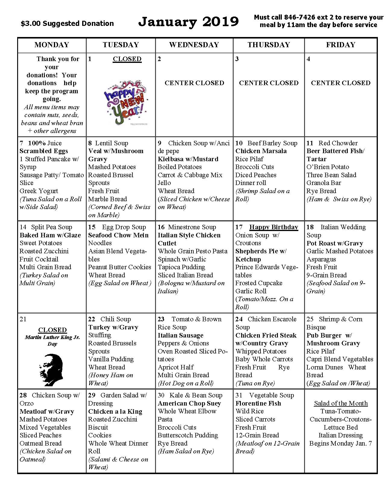 January Lunch Menu Calendar - Edward King House Senior Center