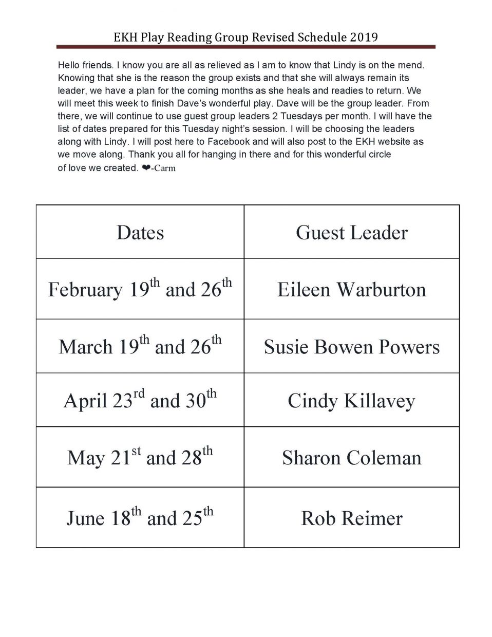 Revised Play Reading Group Schedule - Edward King House Senior Center