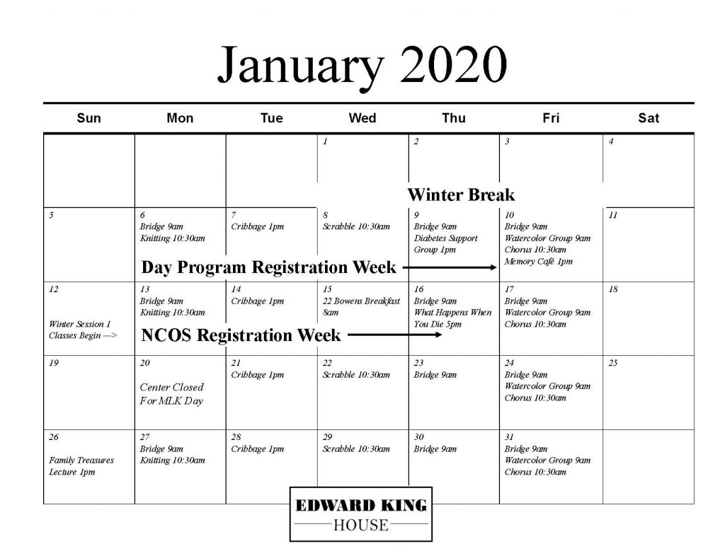 January 2020 Calendar – Edward King House Senior Center